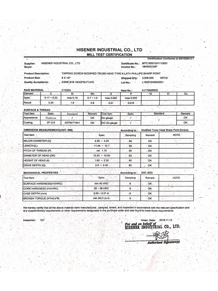 Certificado de Calidad Tllo Extra Plano Punta de Broca 8 X 1-2 | PDF