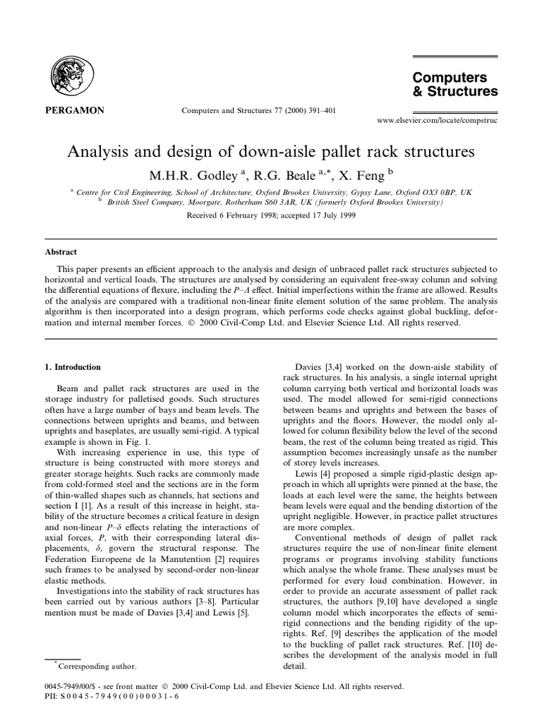 Analysis and Design of Down-Aisle Pallet Rack Structures | PDF ...