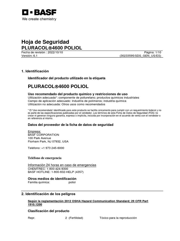 Hoja de Seguridad PLURACOL 4600 | PDF | Toxicidad | Solubilidad