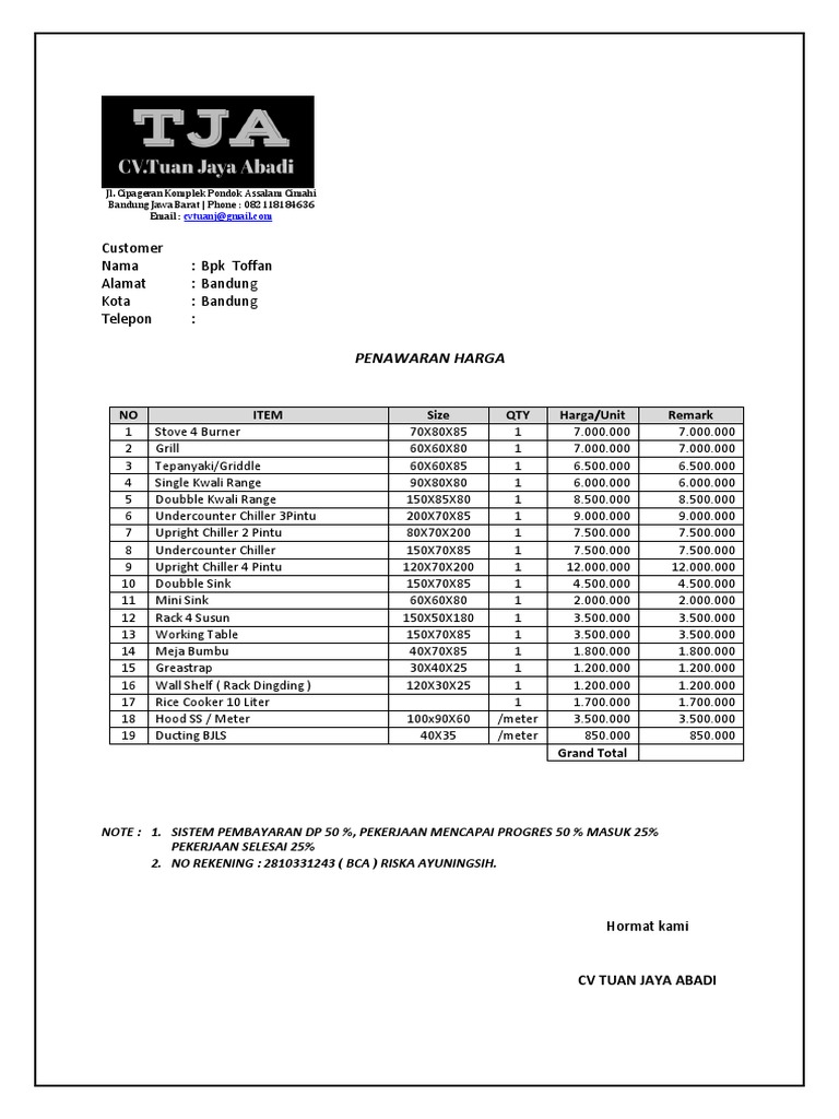 Penawaran Harga BPK Toffan CV | PDF | Cooking | Food And Drink Preparation