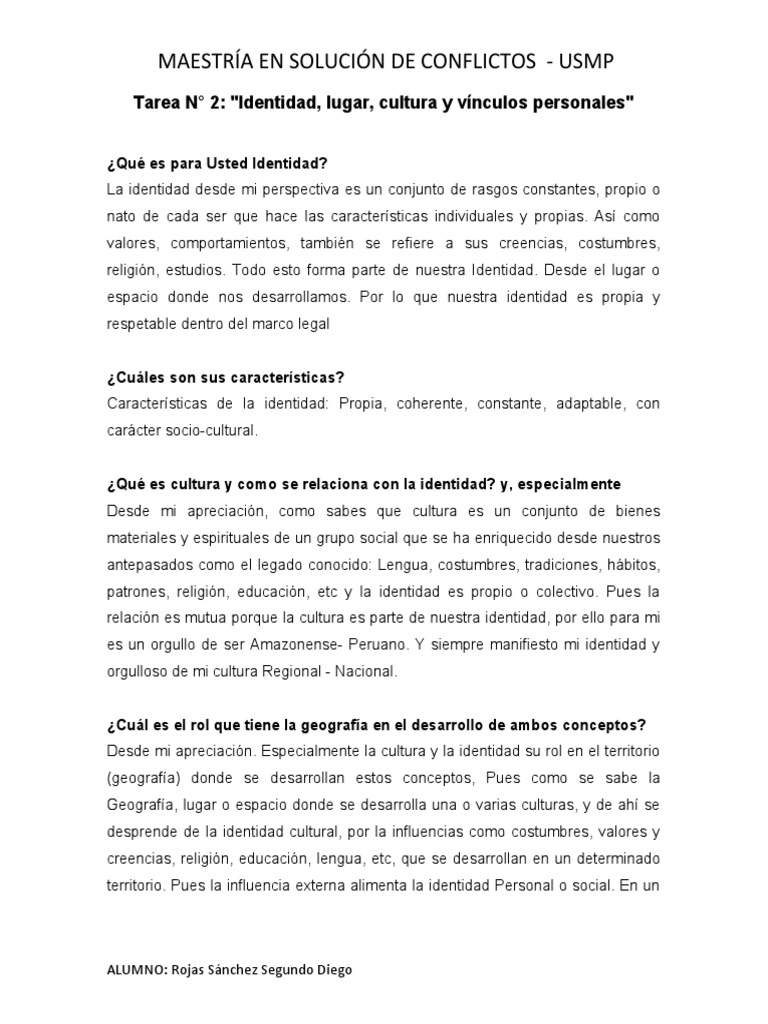 Módulo 2 Tarea #2 Identidad, Lugar, Cultura y Vínculos Personales | PDF
