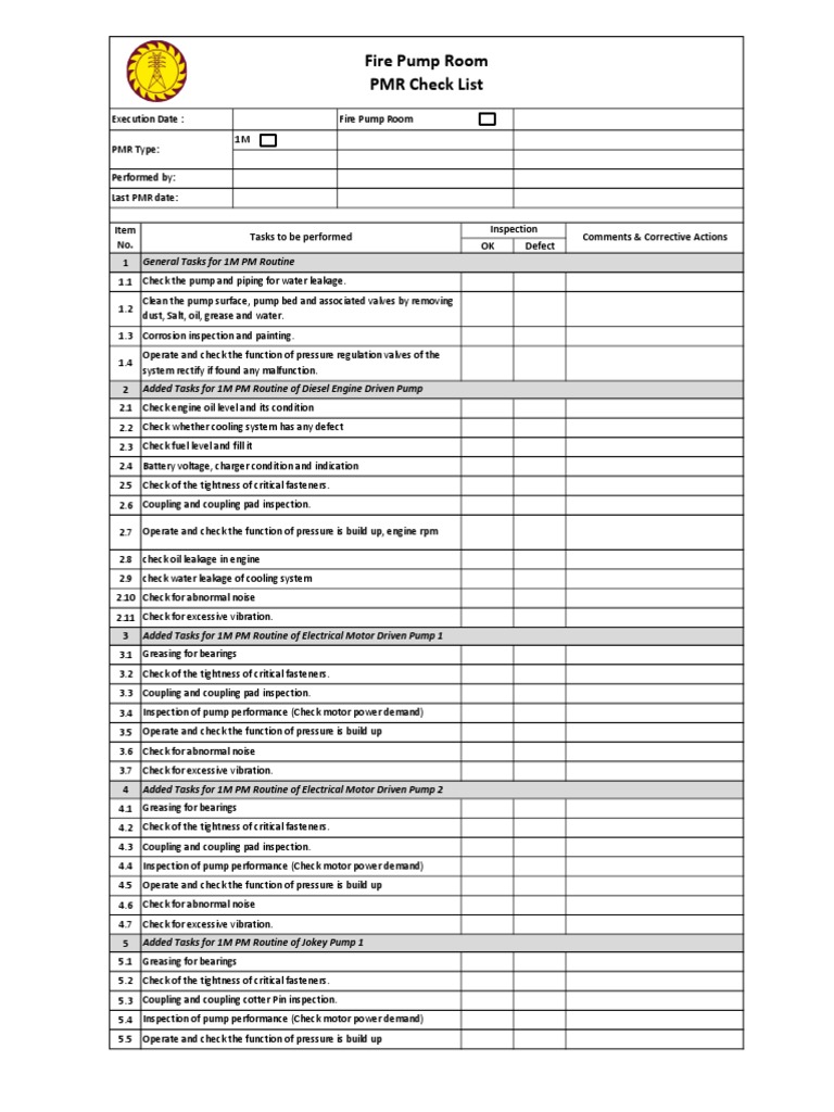Fire Pump Room PMR Check List | PDF | Pump | Engines
