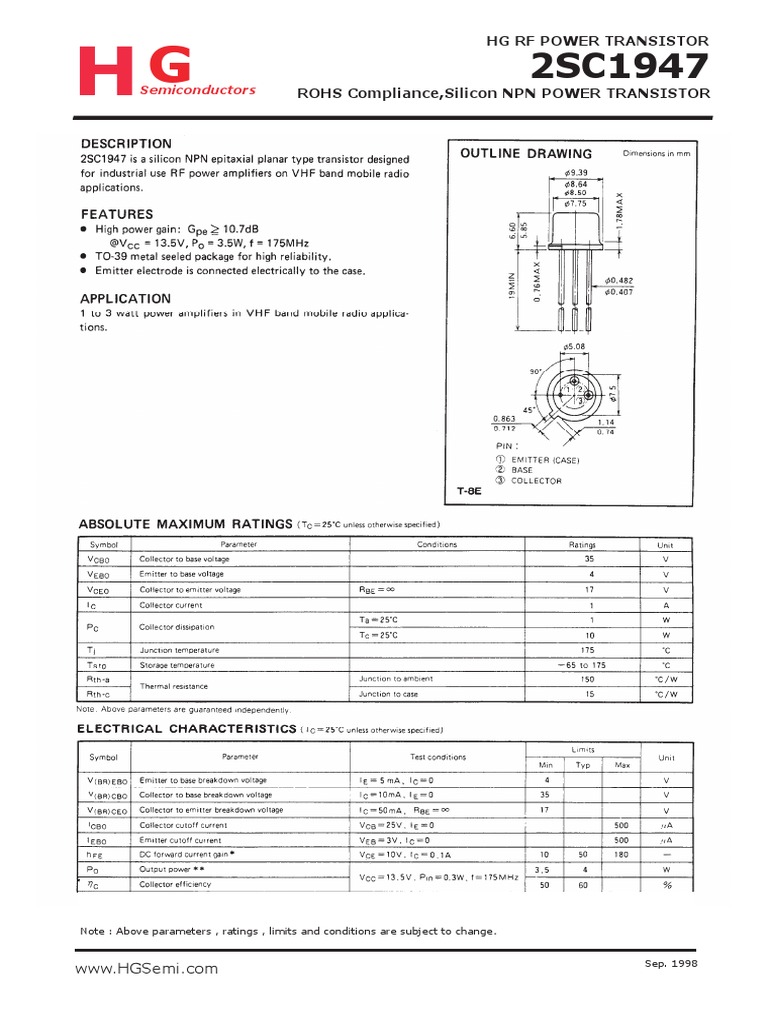 2SC1947 HGSemi | PDF | Technology & Engineering