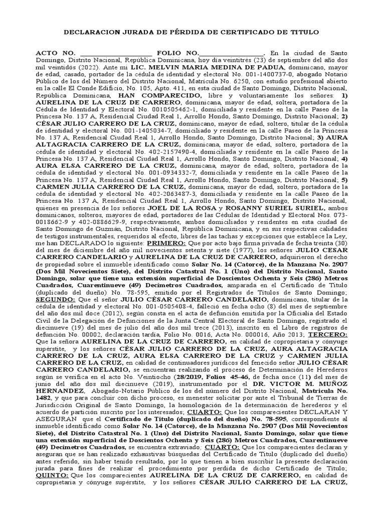 Declaracion Jurada de Pérdida de Certificado de Titulo | PDF | República Dominicana | Justicia