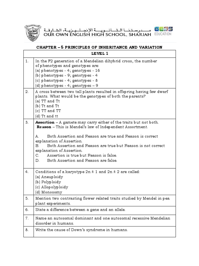 Worksheet - Chapter 5 - Principles of Inheritance Variation | PDF | Genotype | Dominance (Genetics)