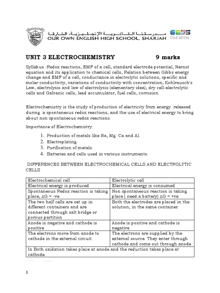 Unit 3 Electrochemistry | PDF | Electrochemistry | Redox