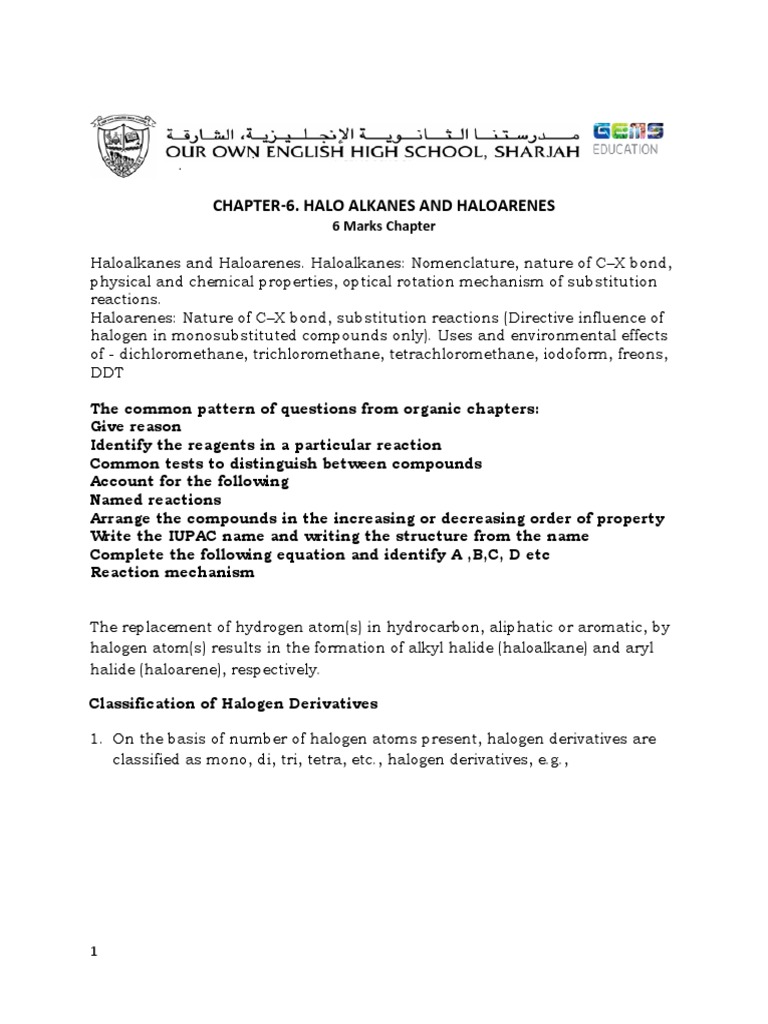 UNIT 6 HALO ALKANES & Halo arenes latest | PDF | Chirality (Chemistry ...