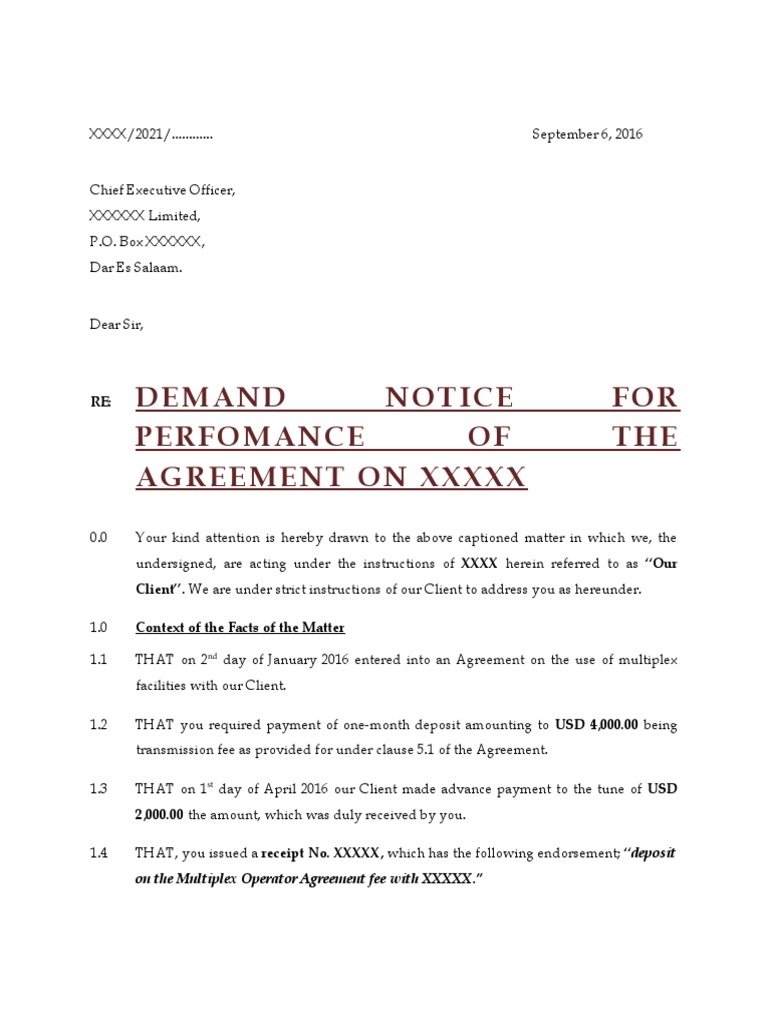 Demand Notice Performance of Contract Zechariah Wakili Msomi | PDF ...