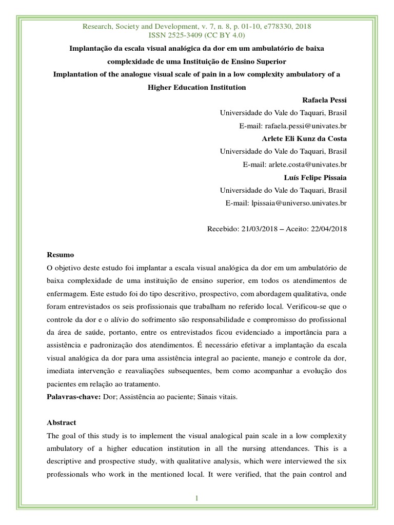 Implantacao Da Escala Visual Analogica Da Dor em U | PDF | Dor | Enfermagem