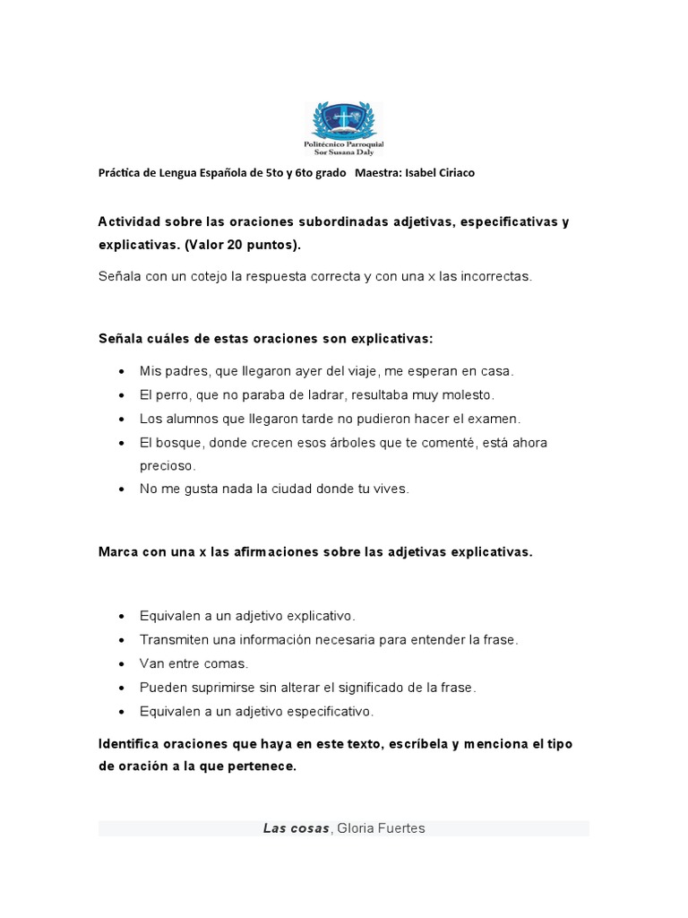 Actividad de Oraciones Subordinadas Sustantivas, Especificativas y ...