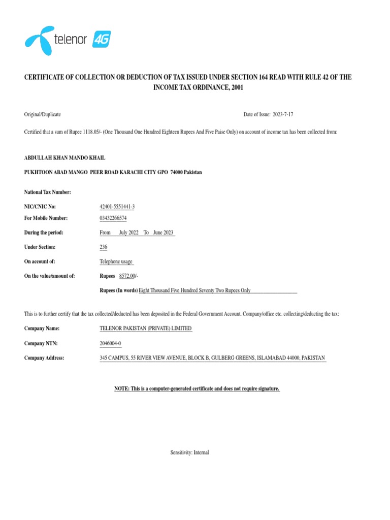 Certificate of Collection or Deduction of Tax Issued Under Section 164 ...