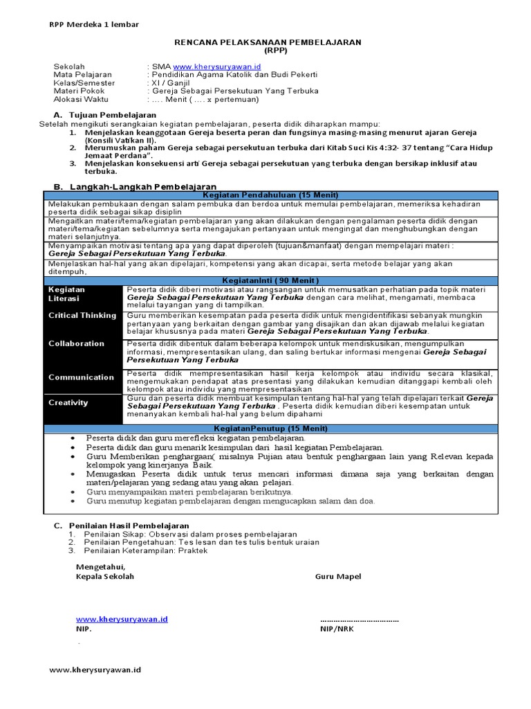 2 RPP 1 Lembar Agama Katolik Kelas 11 Semester 1 | PDF