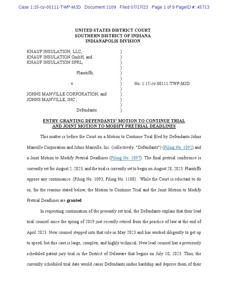 Knauf v. Johns Manville - Entry Granting Defendants Motion To Continue ...