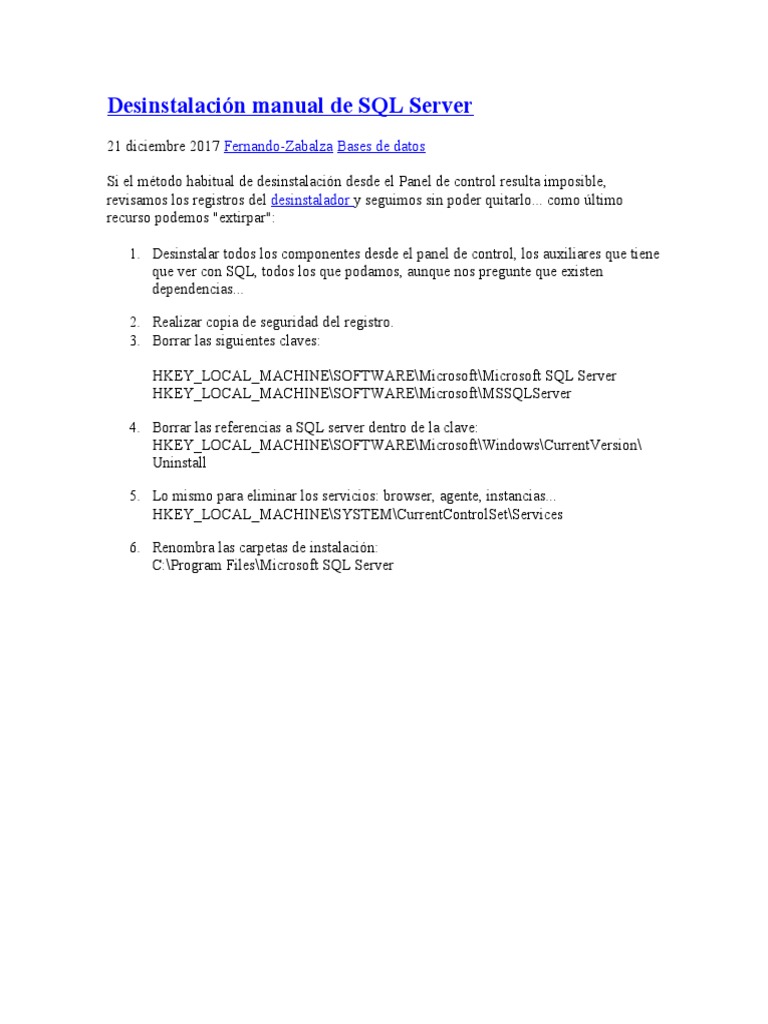 Desinstalación Manual de SQL Server | PDF | Informática | Tecnología