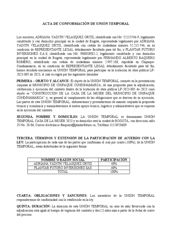 Copia de DOCUMENTO DE CONSTITUCION DE UNION TEMPORAL | PDF