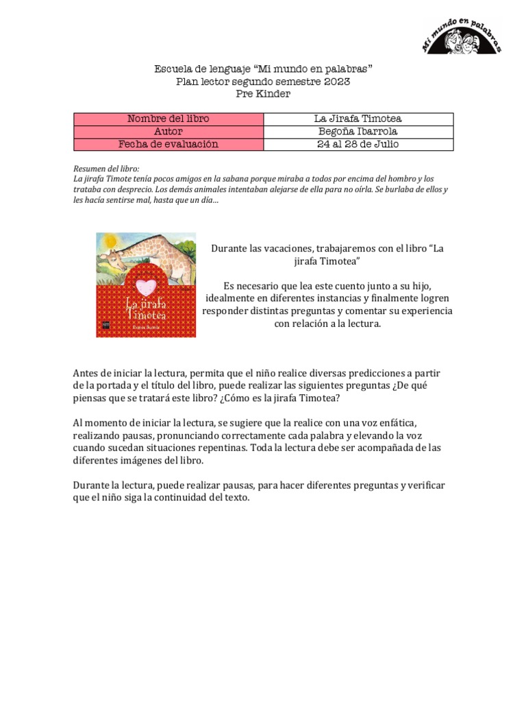 Plan Lector La Jirafa Timotea Pdf Cognición Ciencia Cognitiva
