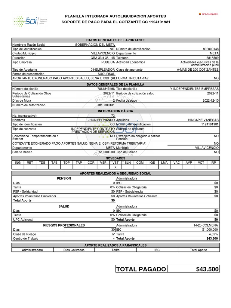 Total Pagado $43.500: Planilla Integrada Autoliquidacion Aportes ...