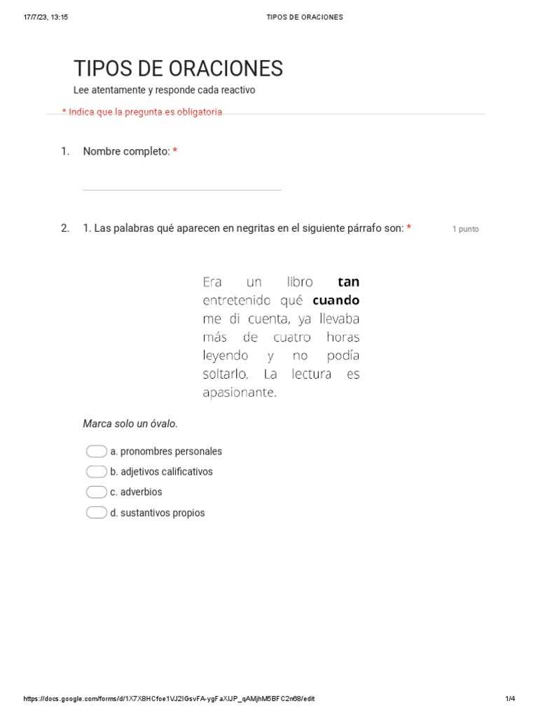 TIPOS DE ORACIONES - Formularios de Google | PDF | Gramática | Sintaxis
