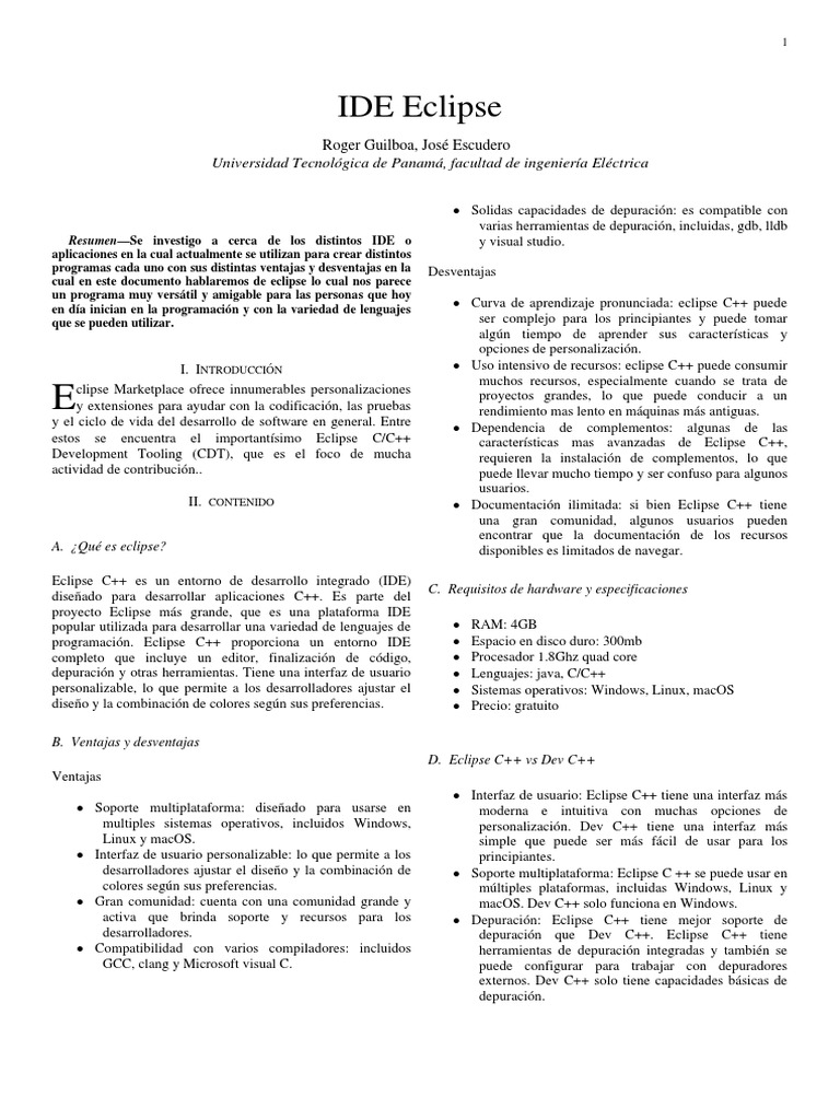 IDE Eclipse: Universidad Tecnológica de Panamá, Facultad de Ingeniería Eléctrica | PDF | Entorno ...