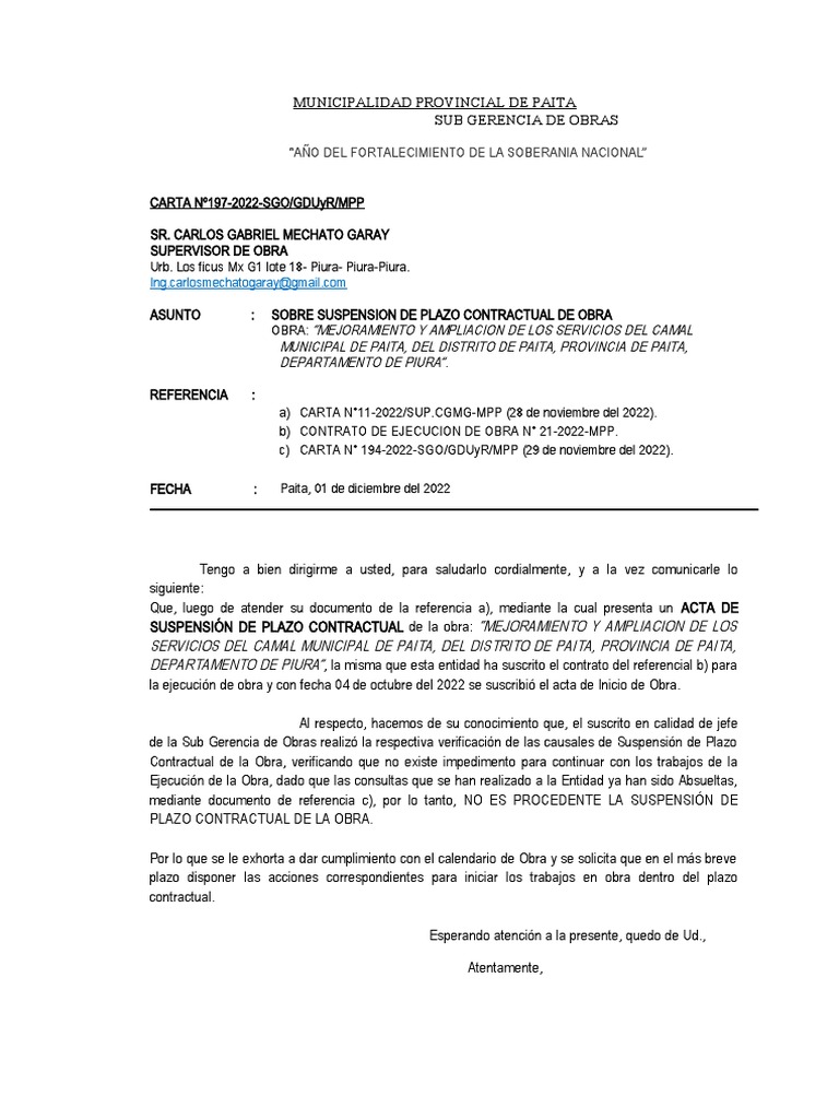 CARTA N° 197 SUSPENSION DE PLAZO CONTRACTUAL | PDF