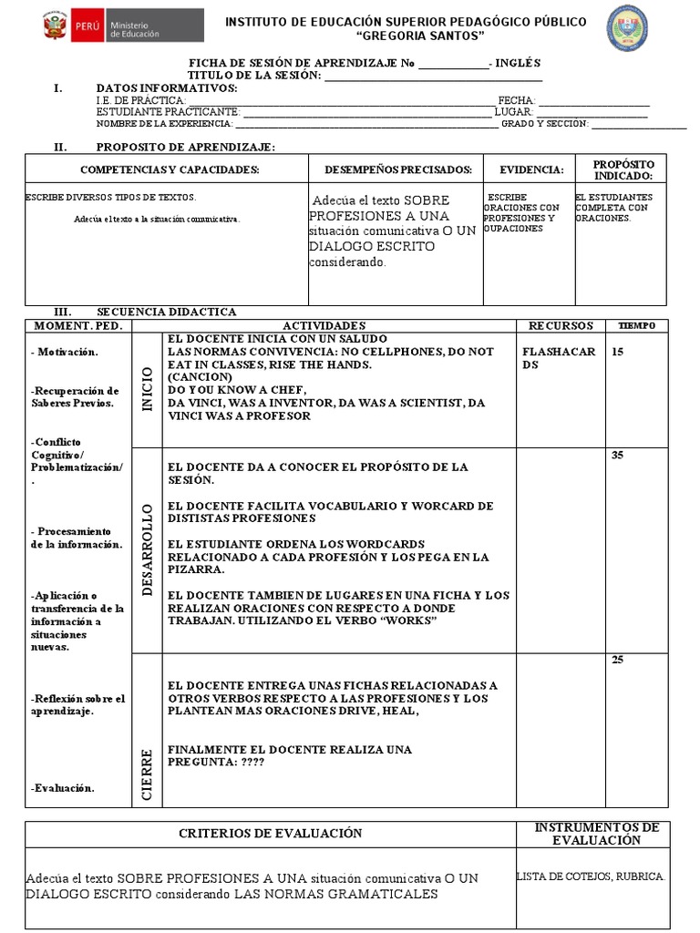 Ficha de Sesión de Aprendizaje | PDF | Evaluación | Maestros
