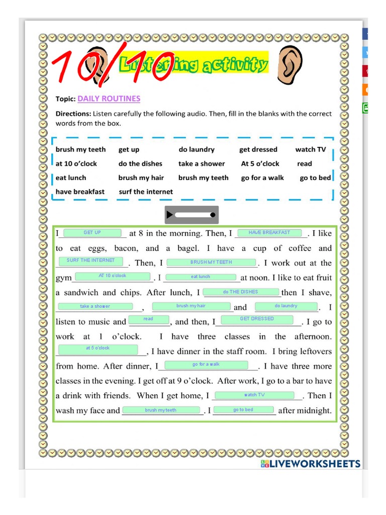 Daily Routine Listening Activity Worksheet MELISSA | PDF