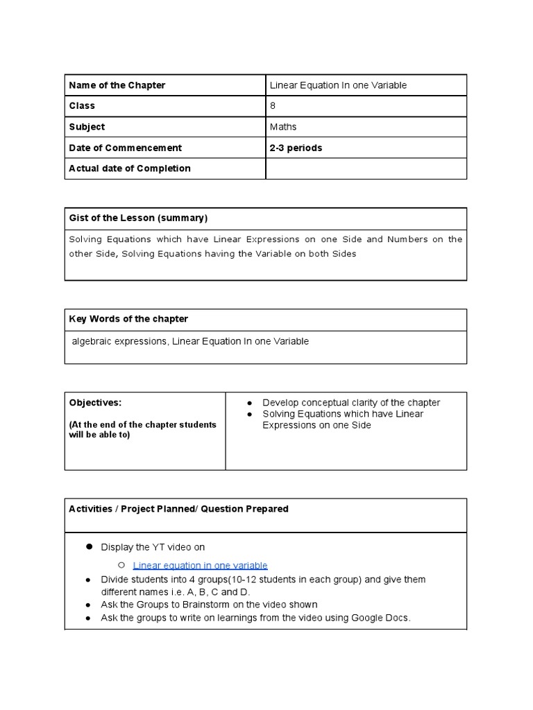 Lesson Plan - Linear Equation in One Variable | PDF | Equations ...