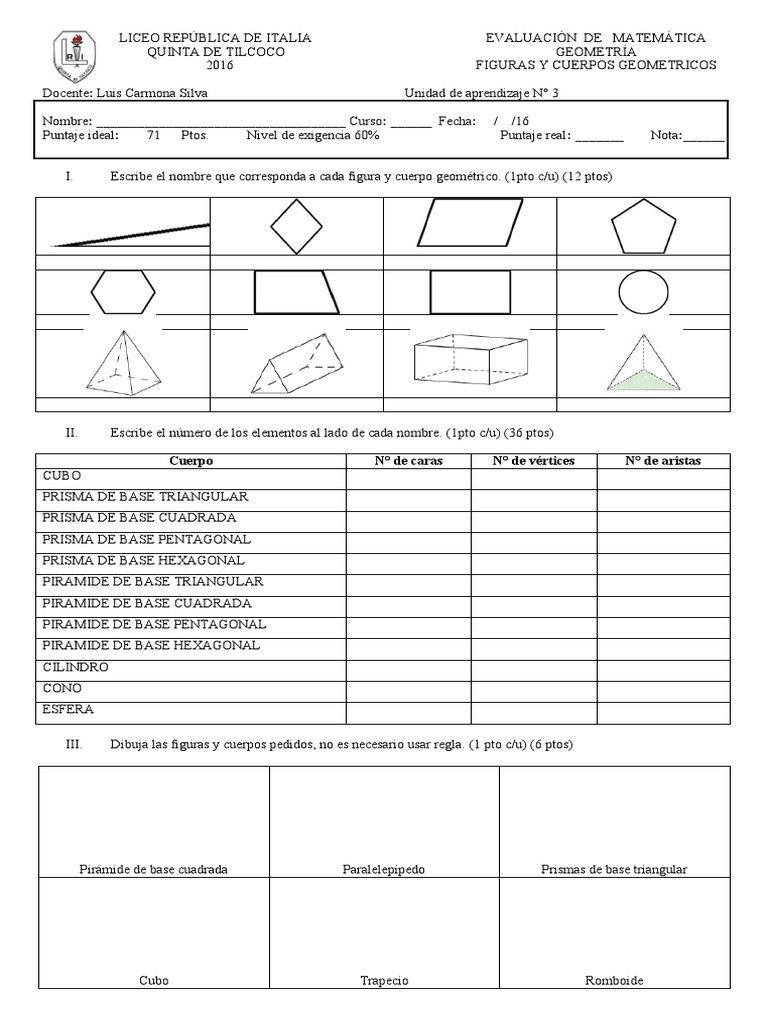 evaluacion N° 3 - 8° basico B - Figuras y cuerpos geometricos | PDF | Triángulo | Formas geométricas