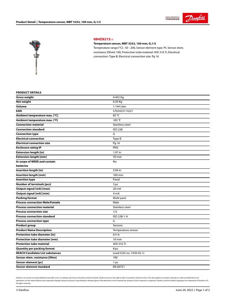 Danfoss Temperature Sensor MBT 5252 100 MM G12 084Z8215 | PDF | Sensor ...