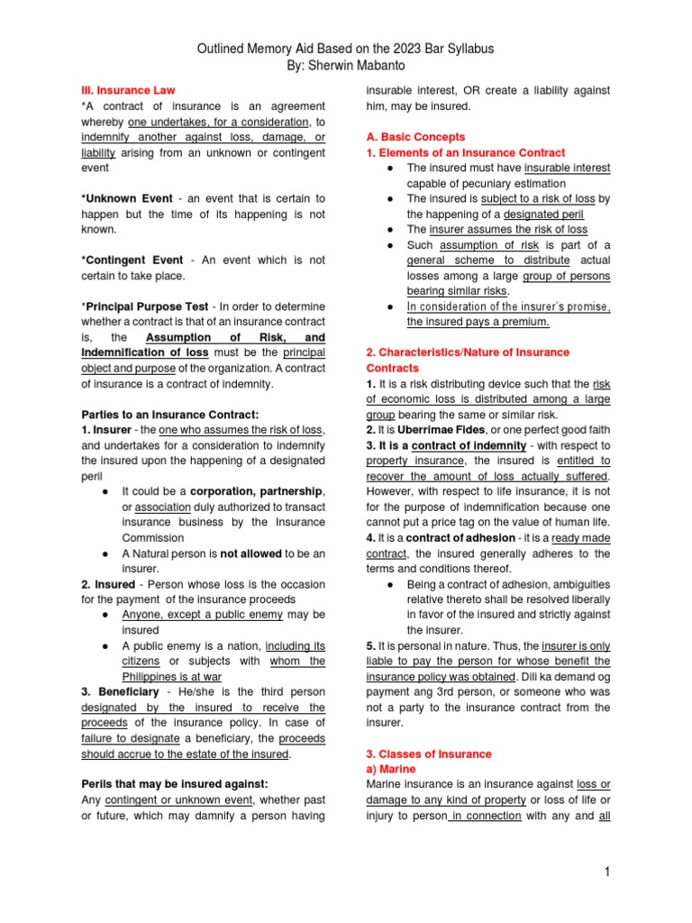 Insurance and Transportation Law Memory Aid 1 | PDF | Insurance | Indemnity