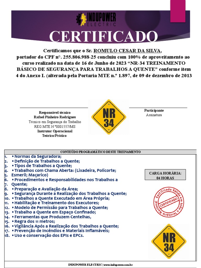 Certificado de NR 34 Editavel | PDF