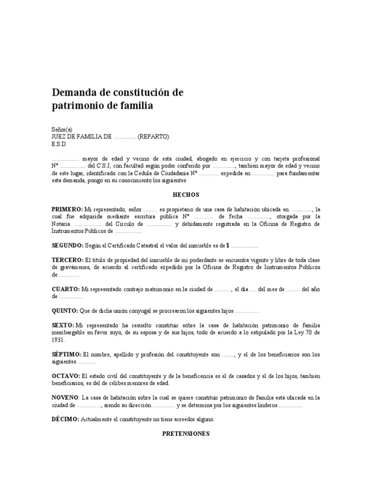 Demanda de Constitución de Patrimonio Familiar | PDF | Bienes (Ley ...
