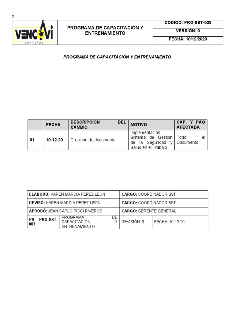 Programa de Capacitacion y Entrenamiento | PDF | Las condiciones de trabajo | Seguridad y salud ...