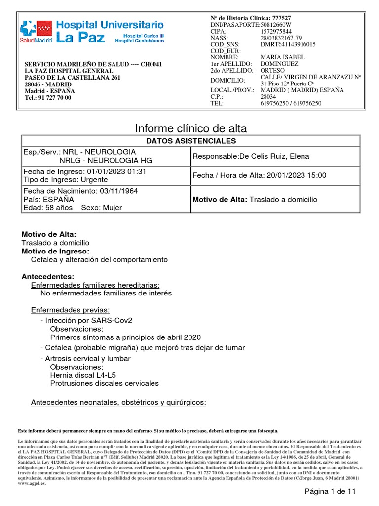 Informe Clínico de Alta: Datos Asistenciales | PDF | Electrocardiografia | Privacidad de la ...