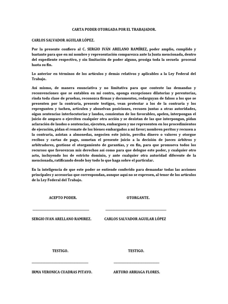 Carta Poder Otorgada Por El Trabajador | PDF | Justicia | Crimen y ...