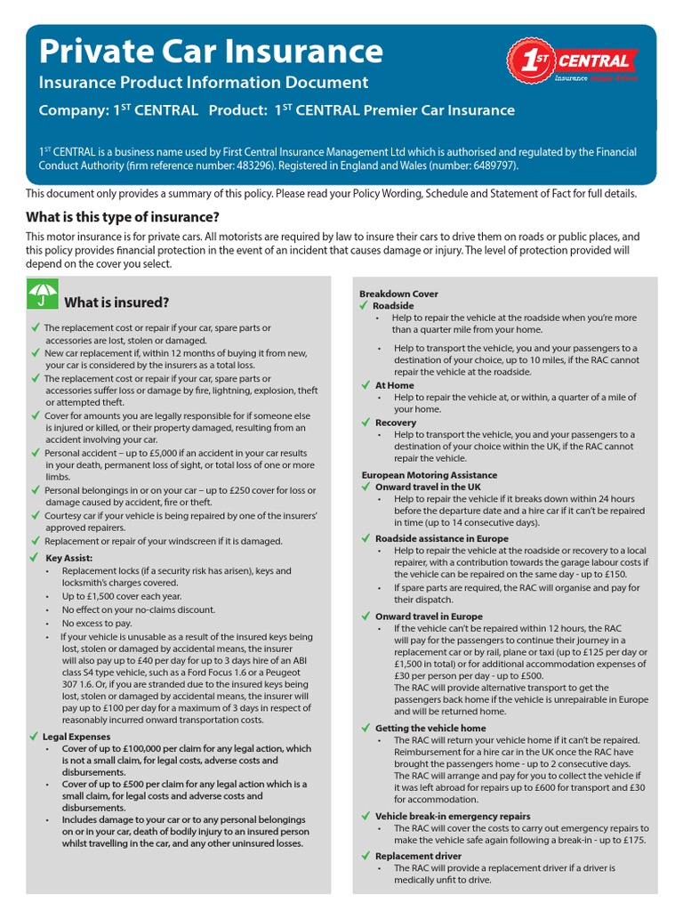 RAC BD European IPID Premier v1.2 | PDF | Vehicle Insurance | Insurance