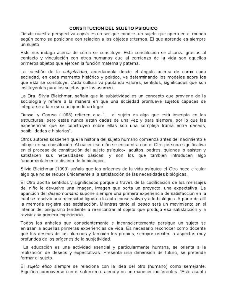 Constitucion Del Sujeto Psiquico Pdf Psique Psicología Subjetividad