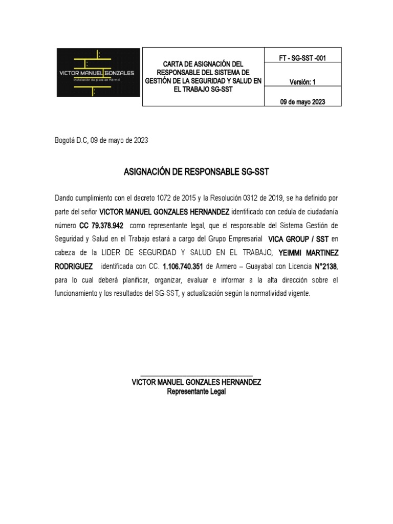 Carta de Asignacion de Responsable SGSST | PDF