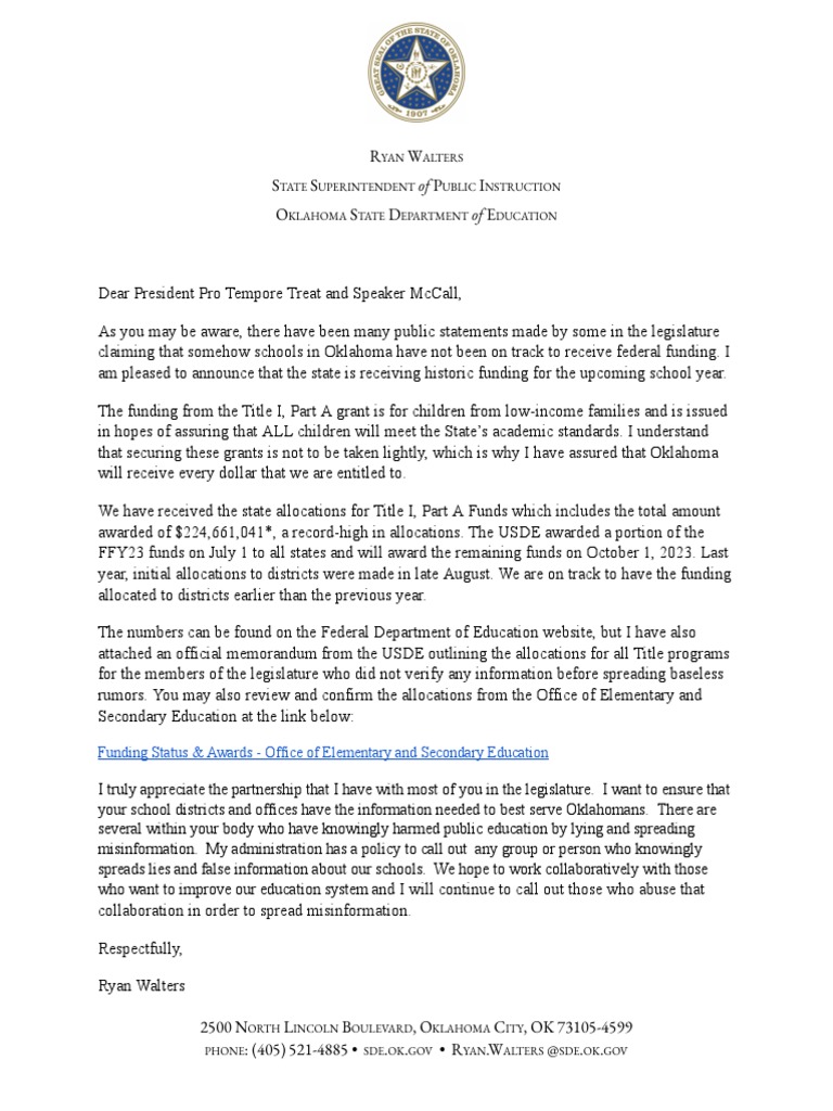 Letter To Legislators - Title 1 Part A Grants | PDF