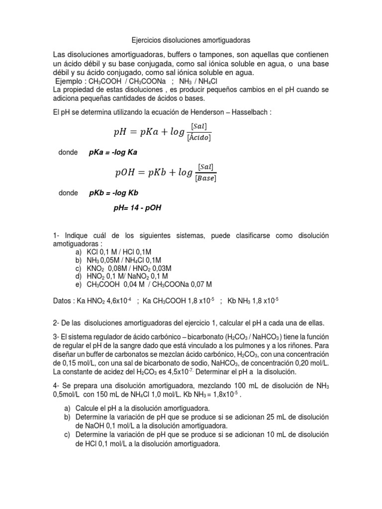 Ejercicios Disoluciones Amortiguadoras | PDF | Solución tampón | Constante de disociación ácida