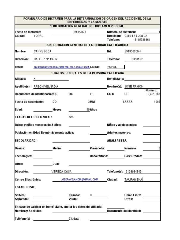 Formulario de Calificacion de Origen José Pabón | PDF | Dolor lumbar | Historial médico