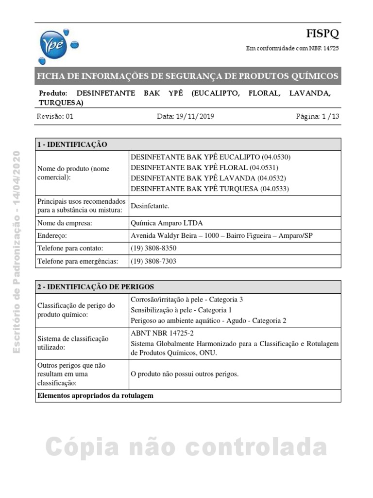 FISPQ - Desinfetante Ypê | PDF | Embalagem e rotulagem | Ciências Físicas