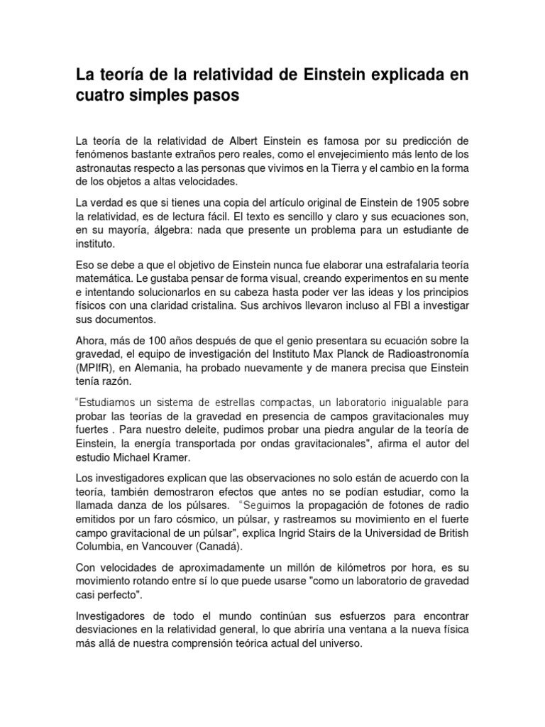 La Teoría de La Relatividad | PDF | Albert Einstein | Ligero