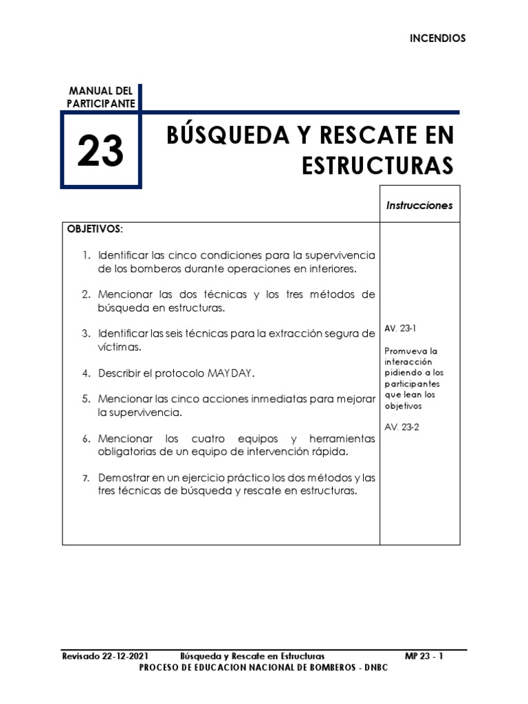 MP 23 - Búsqueda y Rescate en Estructuras | PDF | Incendios | Bombero
