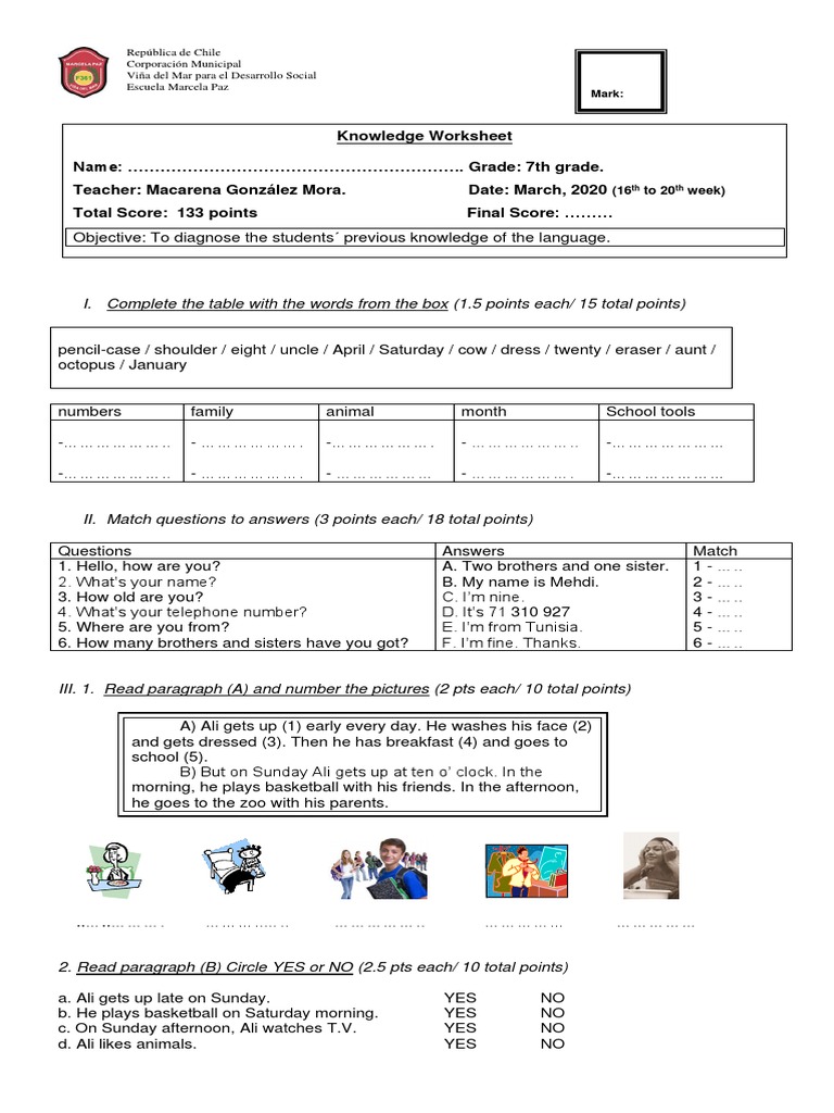7th Grade Diagnostic Test Overview | PDF