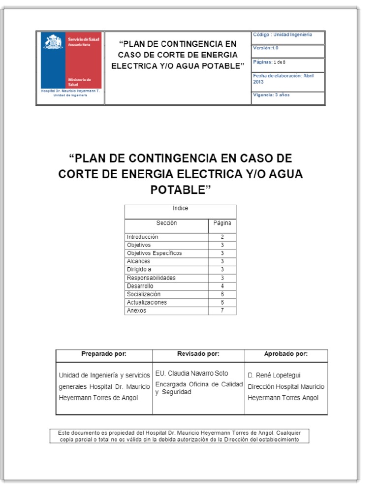 PLAN DE CONTINGENCIA EN CASO DE CORTE DE ENERGIA ELECTRICA Y - O AGUA ...