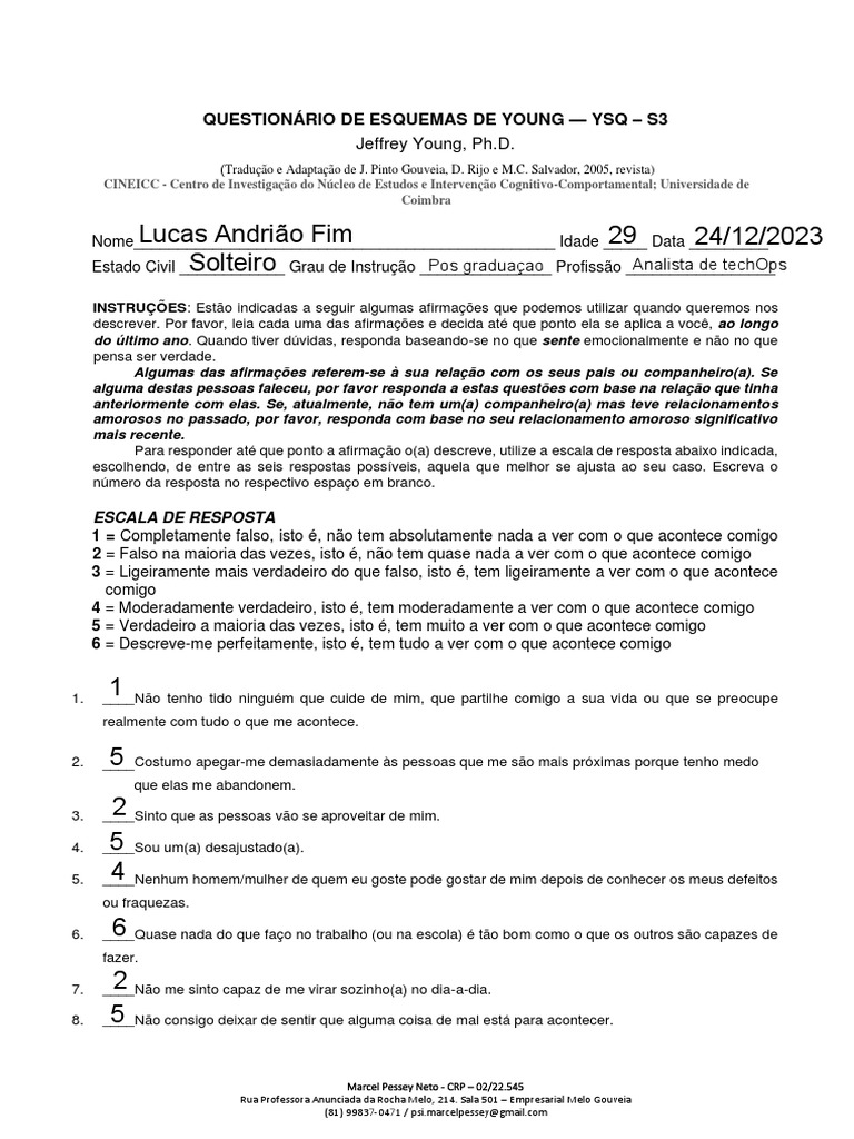 Questionário de Esquemas - Ysq - S3 | PDF