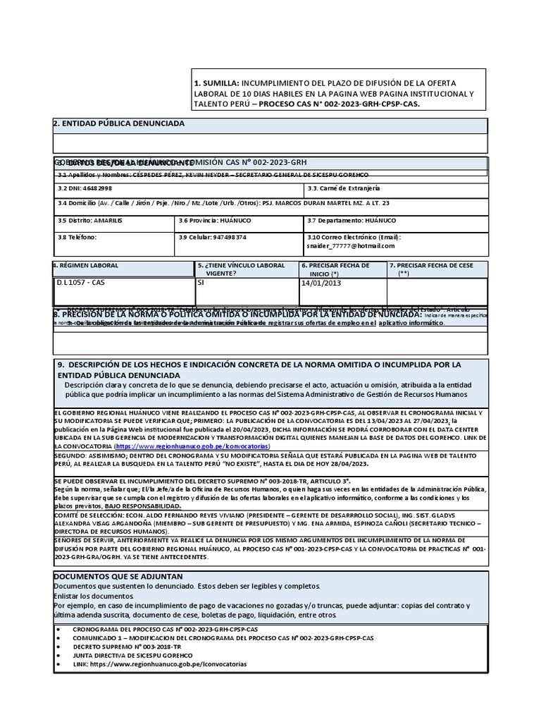 Denuncia Al - Cas 002-2023-GRH | PDF | Derecho