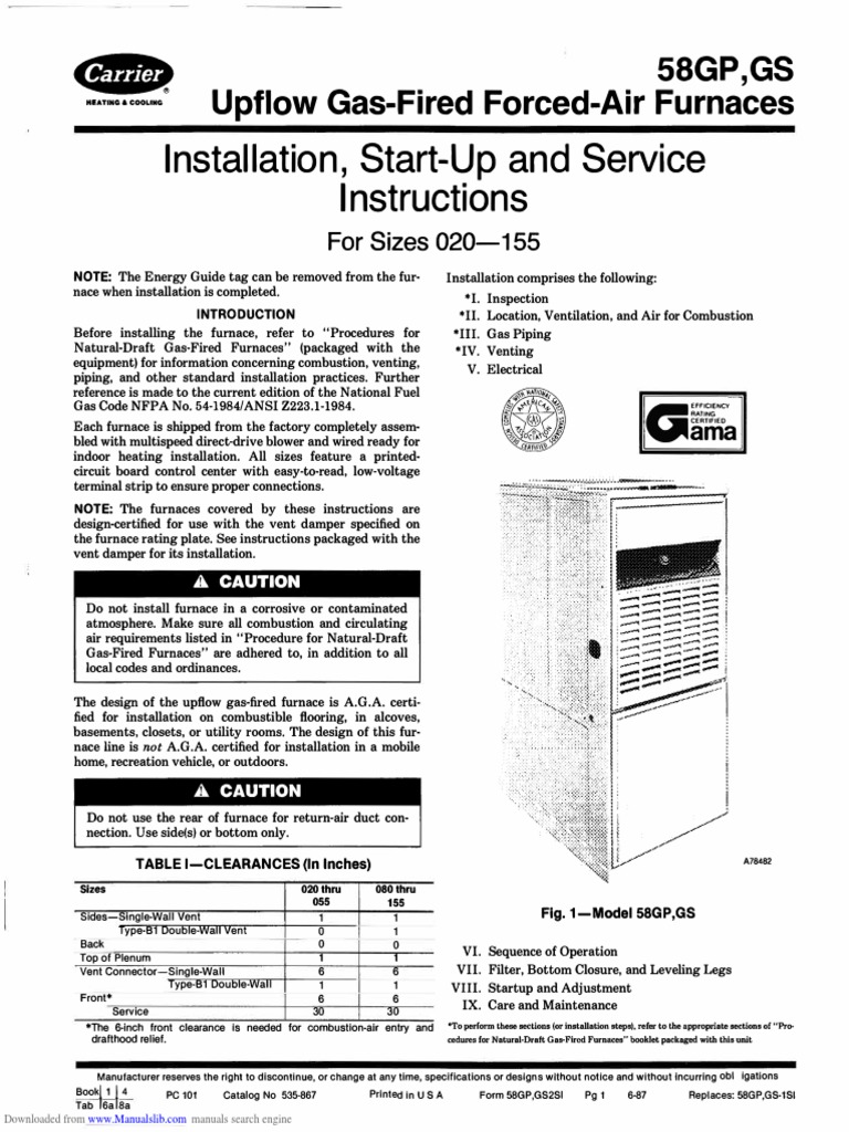 Installation, Start-Up and Service Instructions: 58GP, GS Upflow Gas ...