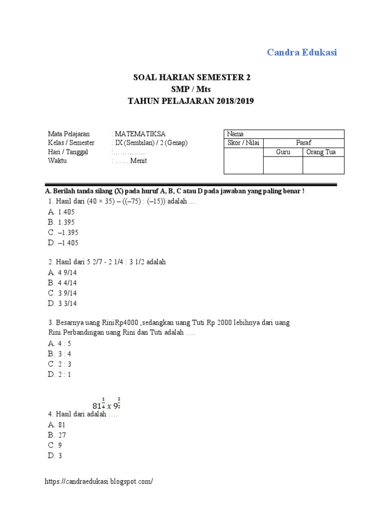 SOAL UH MTK KELAS 9 SMT 2 SMP Mts | PDF